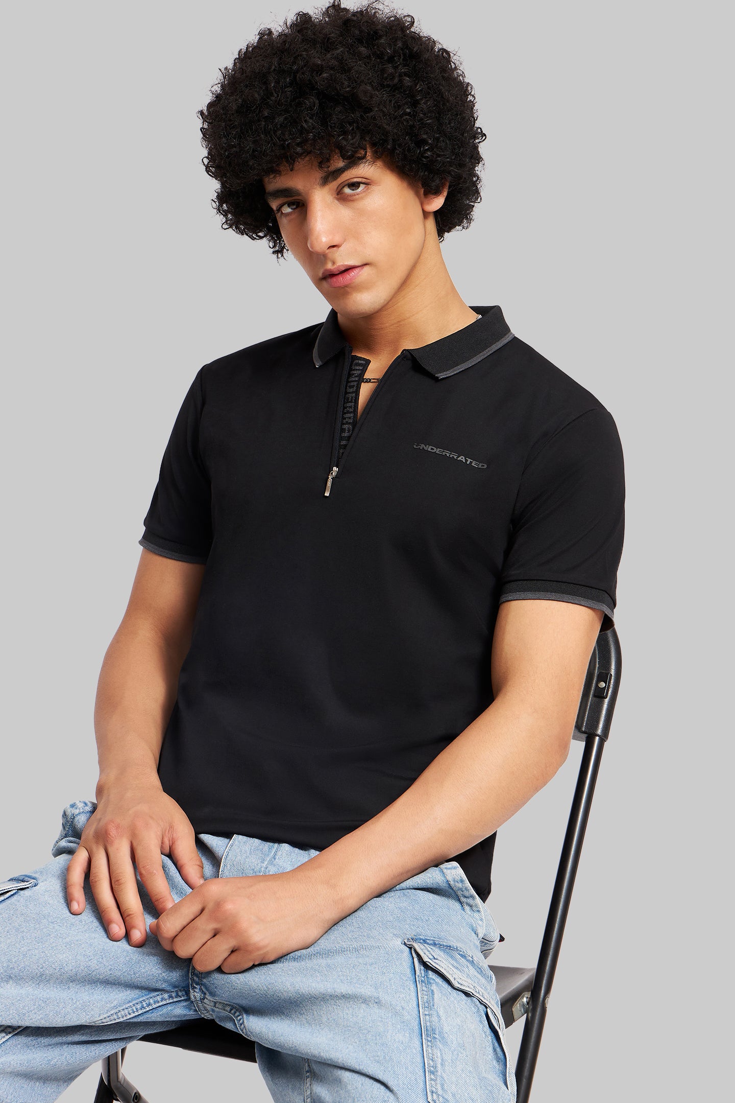 Shop Black Zipper Placket Polo T-Shirt