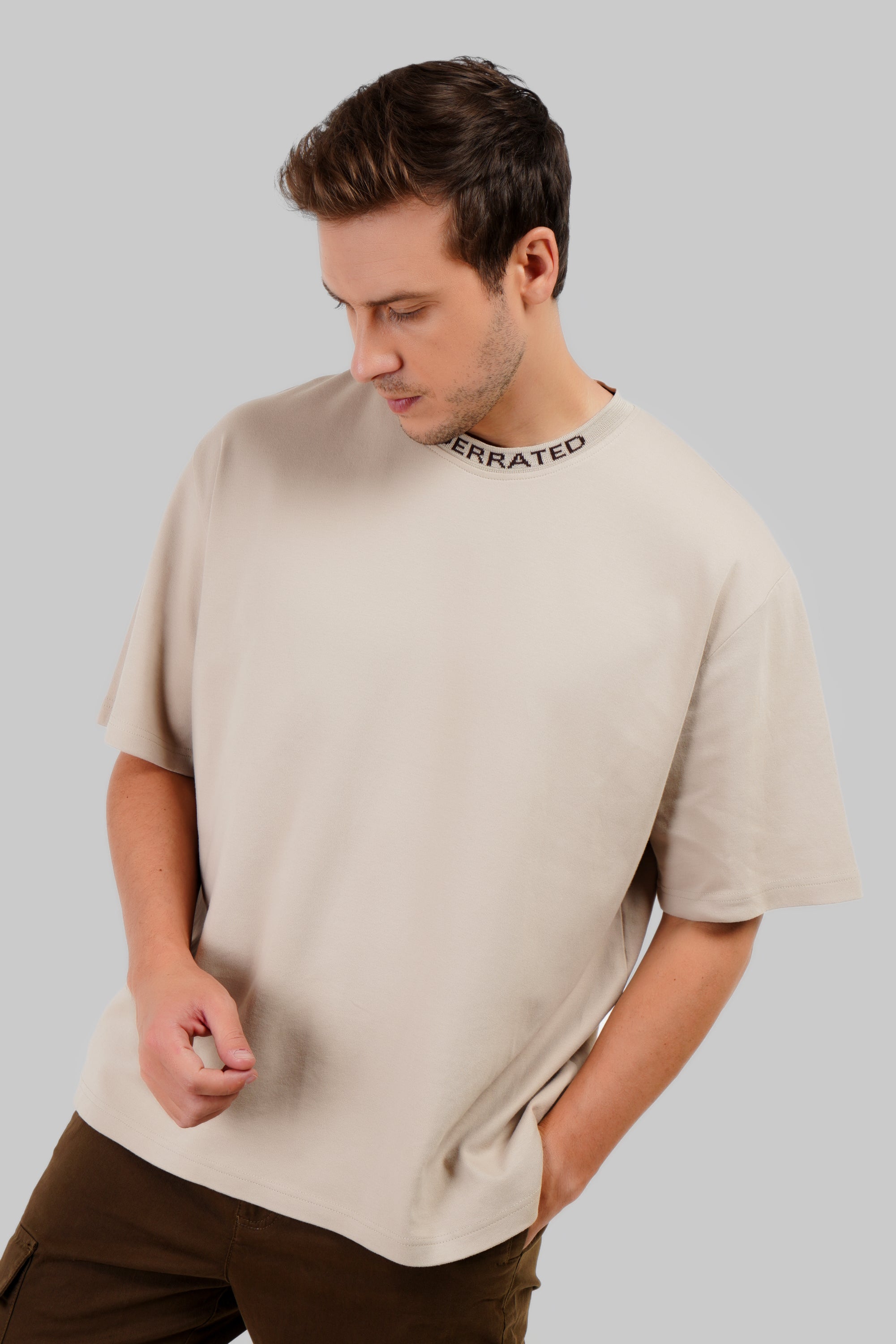 Shop Beige Neck Logo Print Oversized T-Shirt For Men