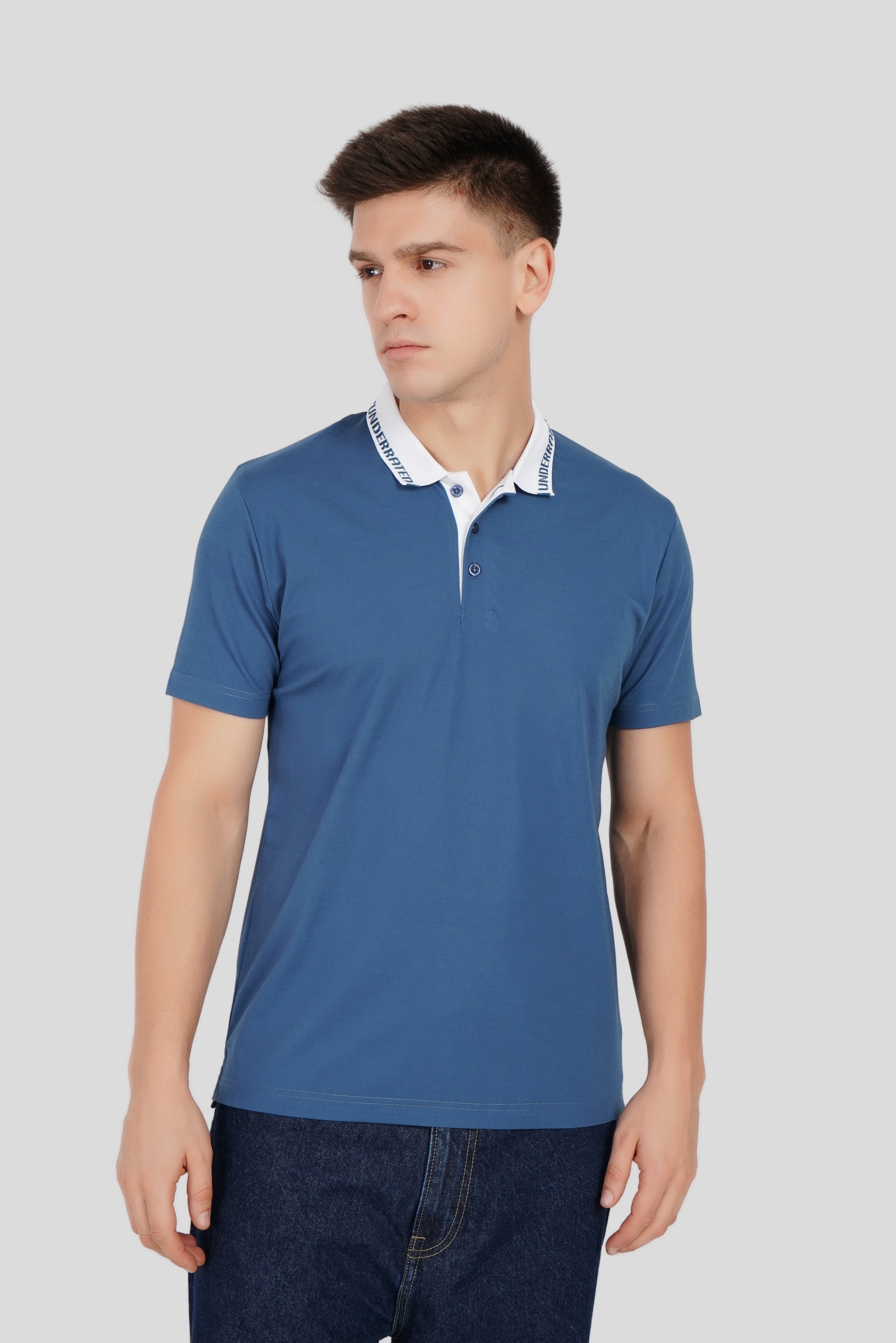 Shop Blue Contrast Collar Polo T-Shirt