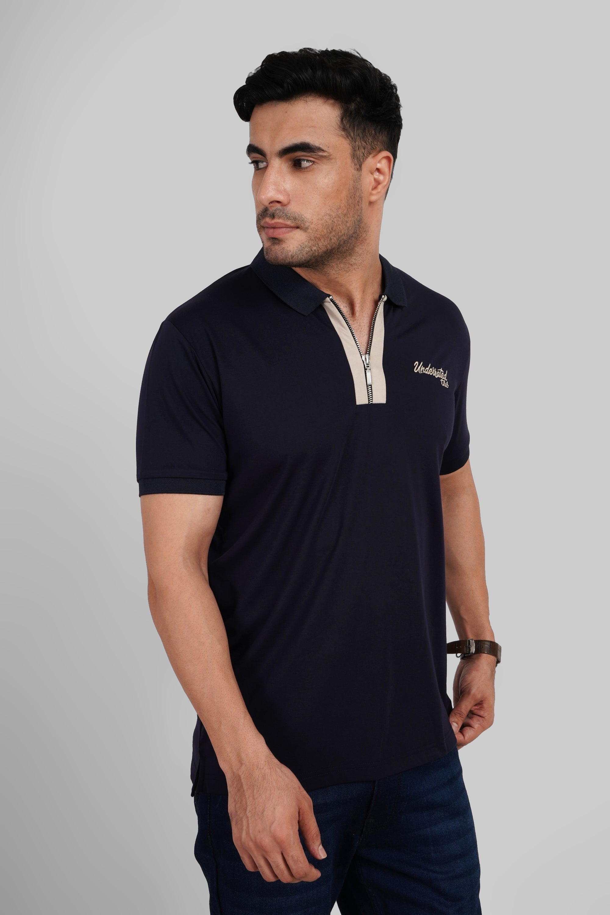 Shop Navy Contrast Zipper Placket Polo T-Shirt